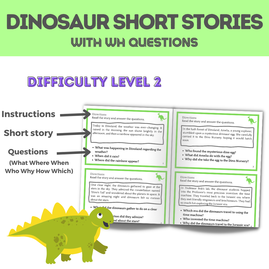 Dinosaurs 20 Short Stories with WH Questions Speech Therapy Reading ABA ...