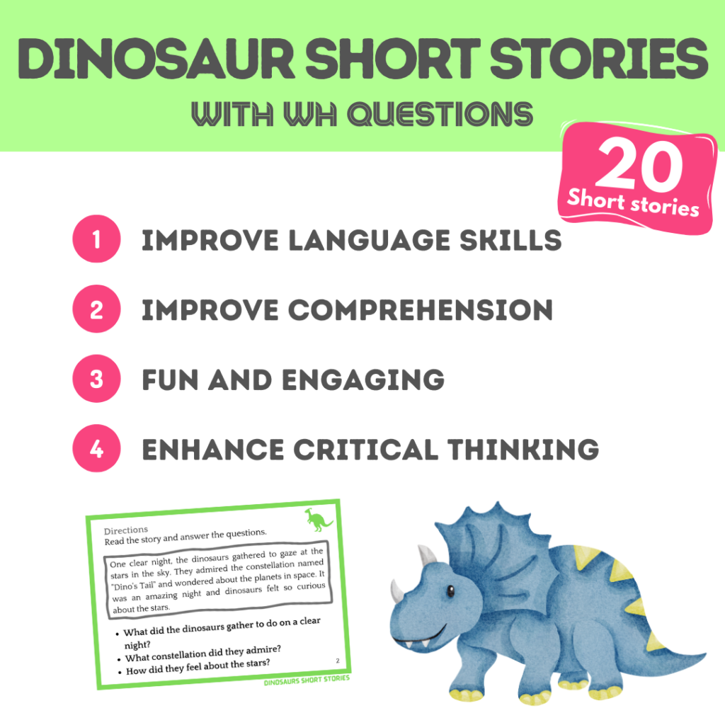 Dinosaurs 20 Short Stories with WH Questions Speech Therapy Reading ABA ...